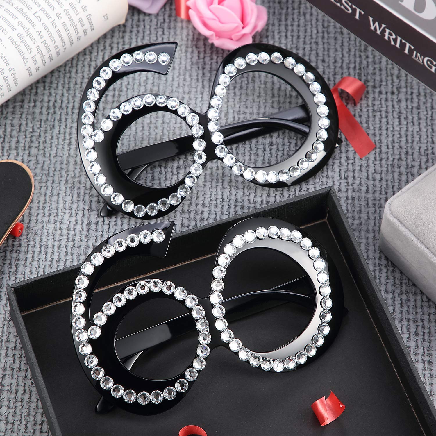 9 Pairs 60th Birthday Glasses Number 60 Crystal Frame Funny Costume Sunglasses Novelty Eyewear Celebration Decoration (Black)