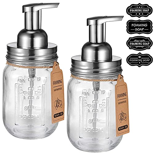 Amolliar 4PCS & 2pcs Brushed Nickel Mason Jar Bathroom Accessories Set-3pcs Foaming Soap Dispenser & 2pcs Cotton Swab Holder &1pcs Toothbrush Holder,Waterproof Stickers,Rustic Farmhouse Decor