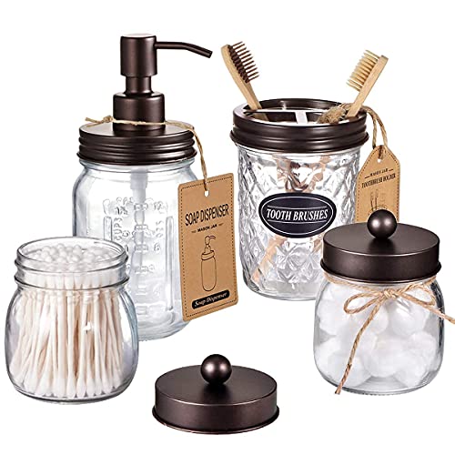 Amolliar 4PCS & 2pcs Bronze Mason Jar Bathroom Accessories Set-3pcs Lotion Soap Dispenser & 2pcs Cotton Swab Holder &1pcs Toothbrush Holder,Waterproof Stickers,Rustic Farmhouse Decor