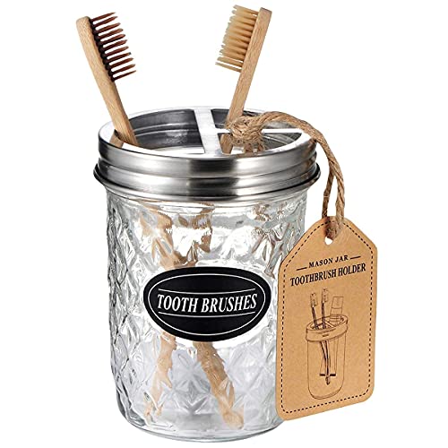Amolliar 4PCS & 2pcs Brushed Nickel Mason Jar Bathroom Accessories Set-3pcs Foaming Soap Dispenser & 2pcs Cotton Swab Holder &1pcs Toothbrush Holder,Waterproof Stickers,Rustic Farmhouse Decor