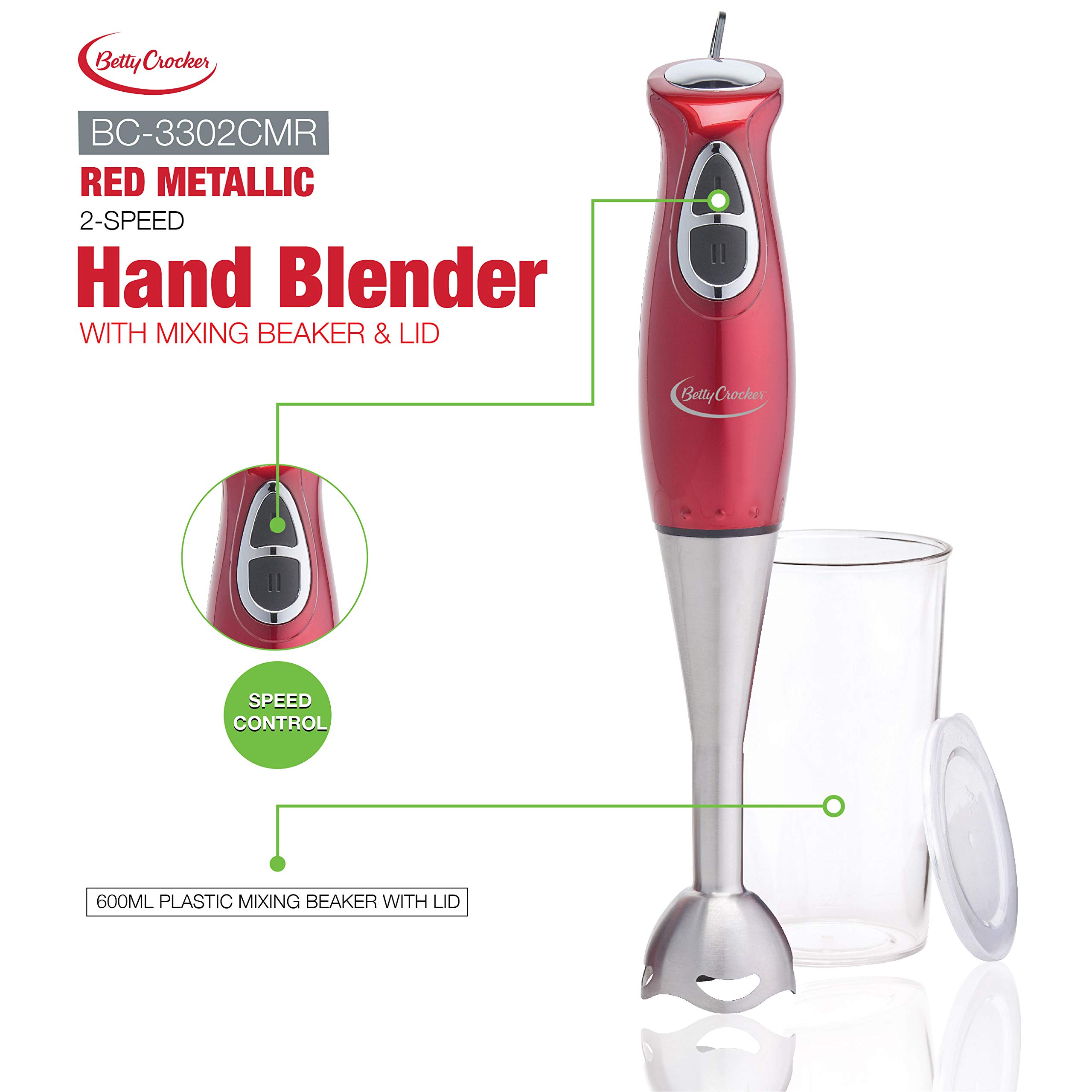 Betty Crocker WACBC3302CMR Hand Blender with Mixing Beaker and Lid, One Size, Red