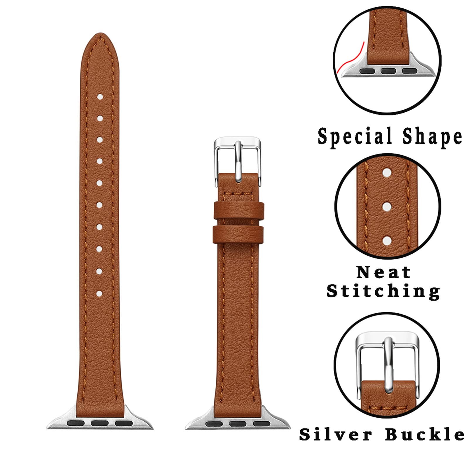 STIROLL Slim Leather Bands Compatible with Apple Watch Band 38mm 40mm 41mm 42mm(Series 10), Top Grain Leather Watch Thin Wristband for iWatch Ultra SE Series 10/9/8/7/6/5/4/3/2/1(Brown with Silver)