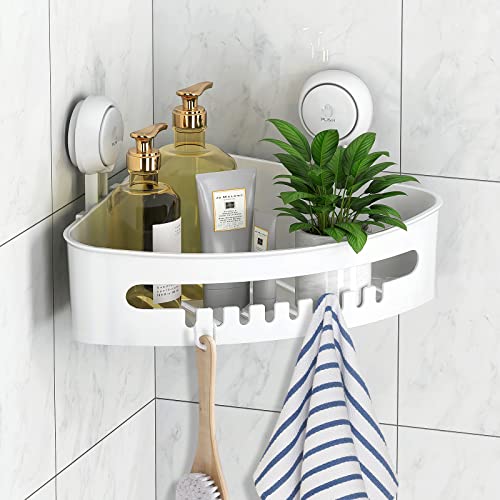 LEVERLOC Corner Shower Caddy Suction Cup NO-Drilling Removable Bathroom Shower Shelf Heavy Duty Max Hold 22lbs Caddy Organizer Waterproof & Oilproof Shower Corner Rack for Bathroom & Kitchen - White