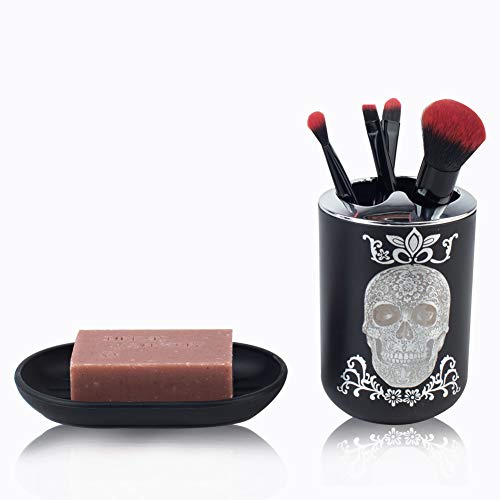 Halloween Bathroom Accessories Set 6 Piece Plastic Bathroom Ensemble Soap Dispenser Toothbrush Holder Tumbler Soap Dish Trash Can Toilet Brush Holder for Decorative Countertop Housewarming Gift(Black)