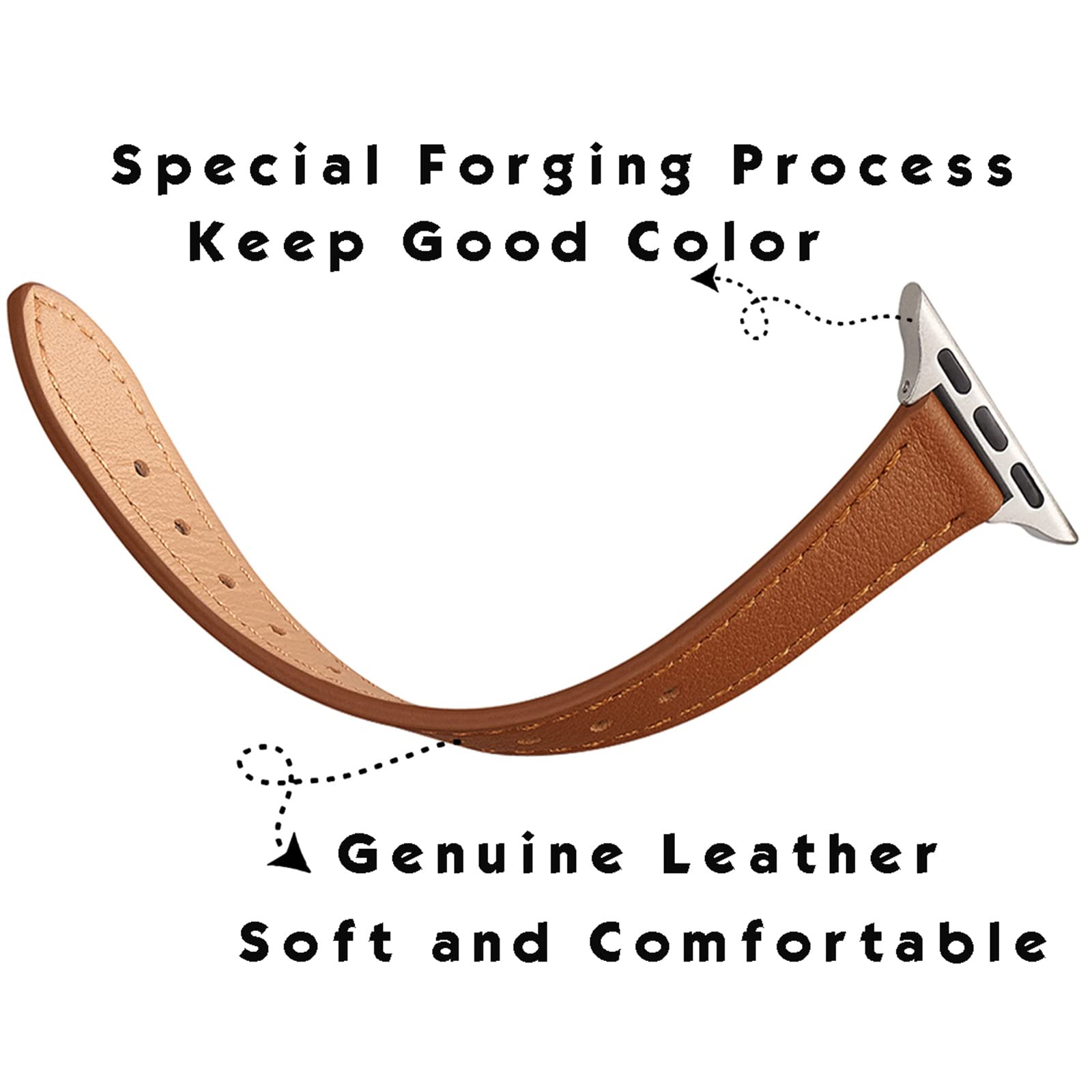 STIROLL Slim Leather Bands Compatible with Apple Watch Band 38mm 40mm 41mm 42mm(Series 10), Top Grain Leather Watch Thin Wristband for iWatch Ultra SE Series 10/9/8/7/6/5/4/3/2/1(Brown with Silver)