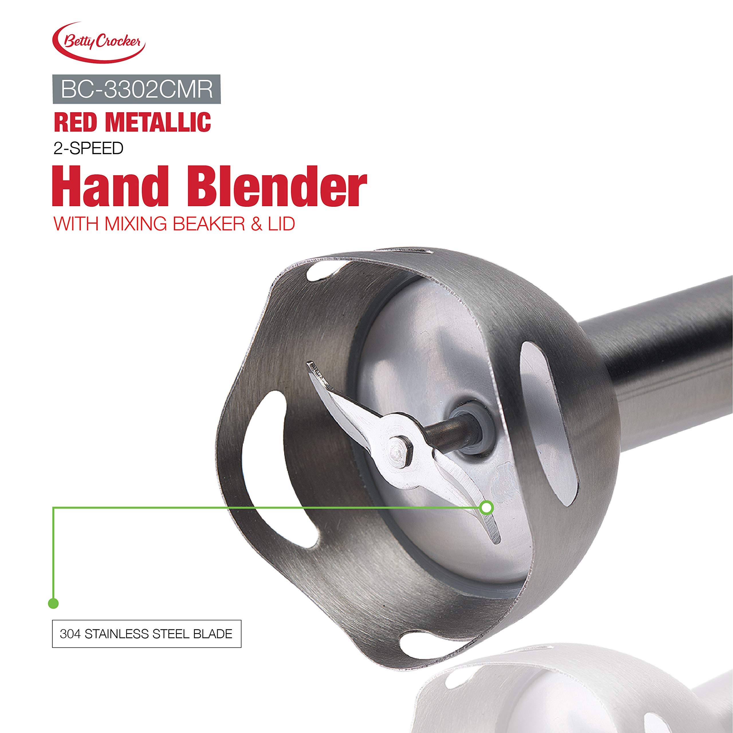 Betty Crocker WACBC3302CMR Hand Blender with Mixing Beaker and Lid, One Size, Red