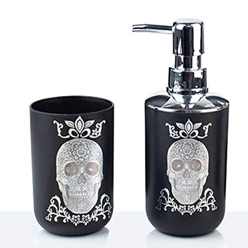 Halloween Bathroom Accessories Set 6 Piece Plastic Bathroom Ensemble Soap Dispenser Toothbrush Holder Tumbler Soap Dish Trash Can Toilet Brush Holder for Decorative Countertop Housewarming Gift(Black)
