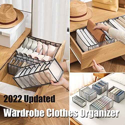 Wardrobe Clothes Organizer, 7 Grid Washable Jeans Drawer Organizer with Compartment Storage Box,Foldable Drawer Closet Clothing Organizer Basket for T-Shirt,Set of 2 (Grey with Handle)