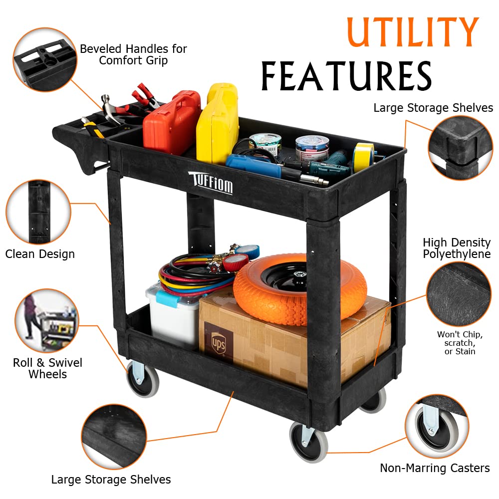 TUFFIOM Plastic Service Utility Cart with Wheels, 550lbs Capacity Heavy Duty Tub Storage Cart W/Deep Shelves, Multipurpose Rolling 2-Tier Mobile Storage Organizer, for Warehouse Garage Industrial