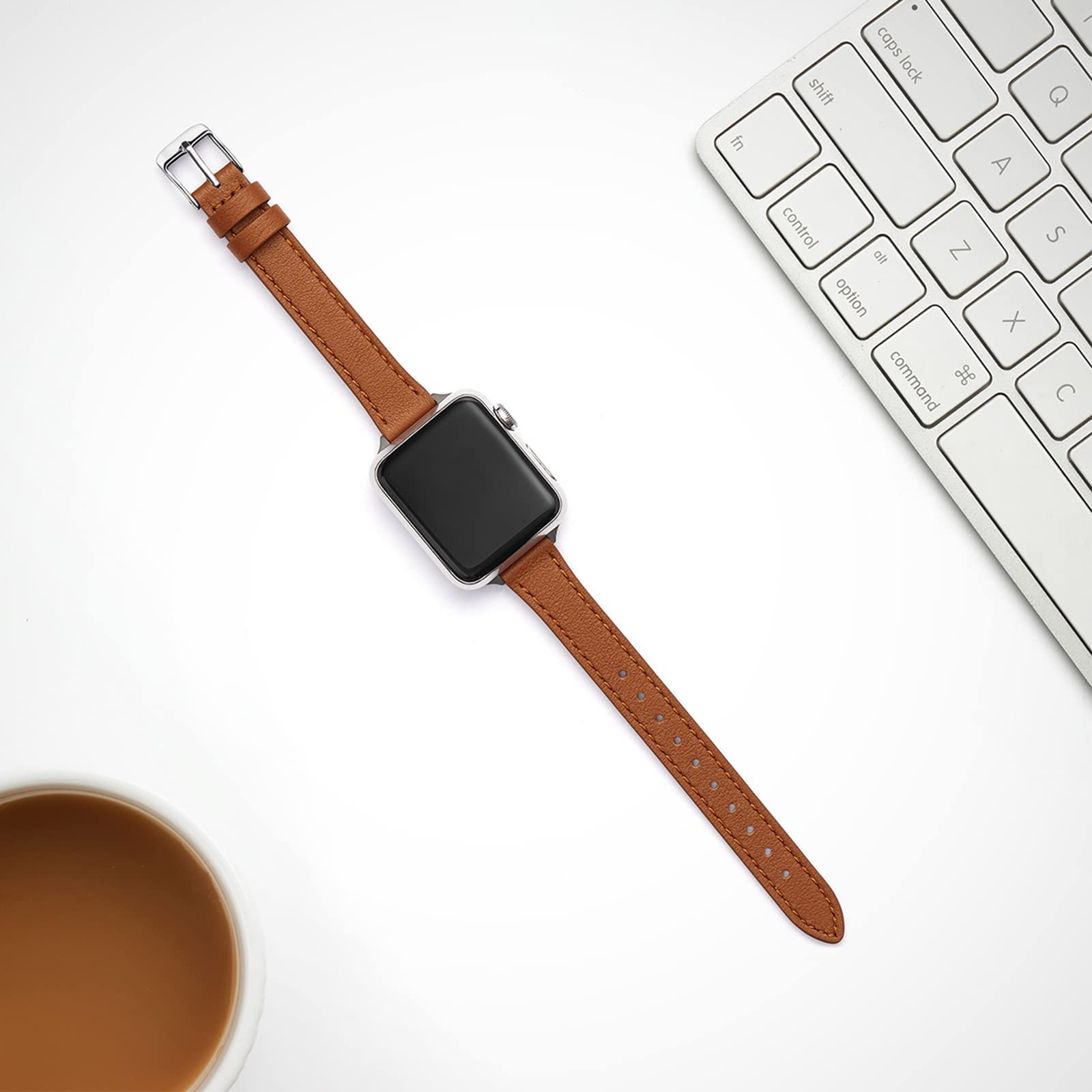 STIROLL Slim Leather Bands Compatible with Apple Watch Band 38mm 40mm 41mm 42mm(Series 10), Top Grain Leather Watch Thin Wristband for iWatch Ultra SE Series 10/9/8/7/6/5/4/3/2/1(Brown with Silver)