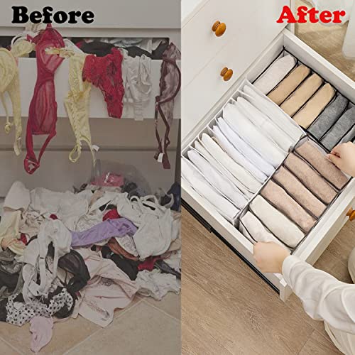 Wardrobe Clothes Organizer, 7 Grid Washable Jeans Drawer Organizer with Compartment Storage Box,Foldable Drawer Closet Clothing Organizer Basket for T-Shirt,Set of 2 (Grey with Handle)