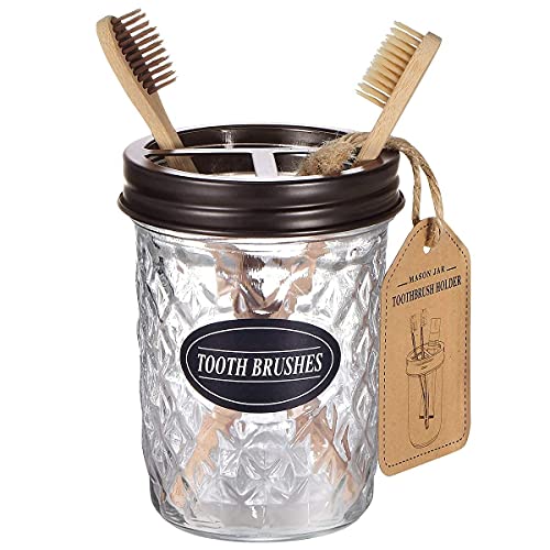 Amolliar 4PCS & 2pcs Bronze Mason Jar Bathroom Accessories Set-3pcs Lotion Soap Dispenser & 2pcs Cotton Swab Holder &1pcs Toothbrush Holder,Waterproof Stickers,Rustic Farmhouse Decor