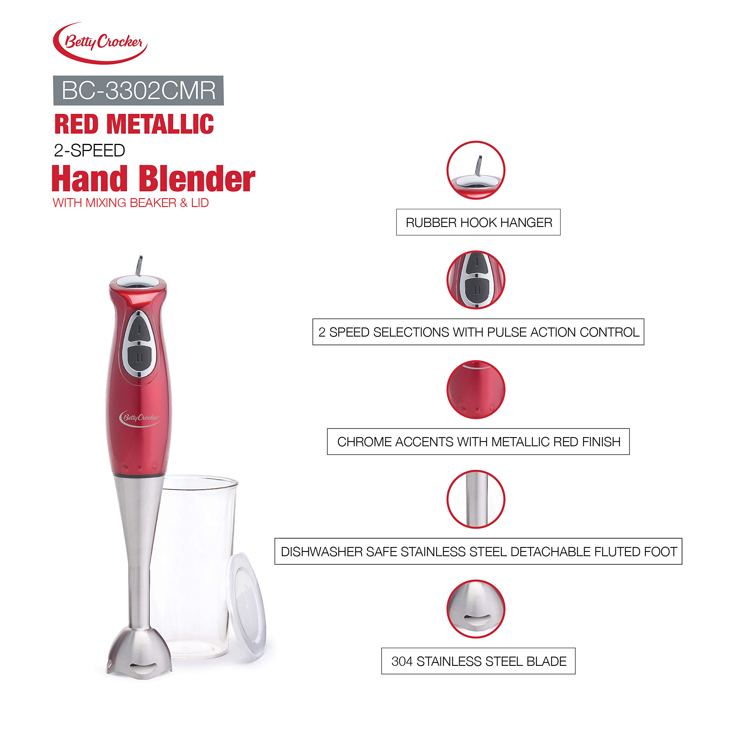 Betty Crocker WACBC3302CMR Hand Blender with Mixing Beaker and Lid, One Size, Red