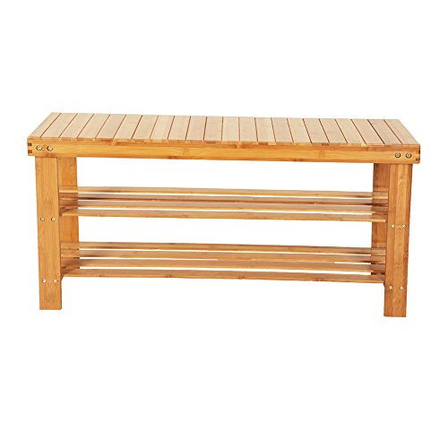 SAZZLE Shoe Rack Bench Shoe Organizer 3-Tier Bamboo Shoe Storage Shelf Entryway Bench Stool Wooden Shoe Rack for Bathroom Living Room Corridor Hallway Wood Color