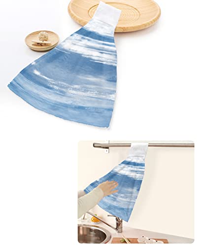 Kitchen Towels with Hanging Loop & Hook Abstract Blue and Gray Texture Soft Absorbent Dish Cloth Bath Hand Tie Towels for Hotel Home Set of 1