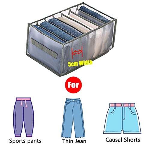 Wardrobe Clothes Organizer, 7 Grid Washable Jeans Drawer Organizer with Compartment Storage Box,Foldable Drawer Closet Clothing Organizer Basket for T-Shirt,Set of 2 (Grey with Handle)