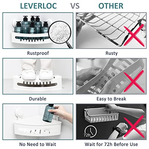 LEVERLOC Corner Shower Caddy Suction Cup NO-Drilling Removable Bathroom Shower Shelf Heavy Duty Max Hold 22lbs Caddy Organizer Waterproof & Oilproof Shower Corner Rack for Bathroom & Kitchen - White