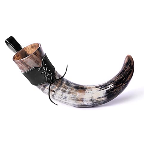 Norse Tradesman 20" Authentic Ox-Horn Viking Drinking Horn with Genuine Black Leather Belt Holster | Burlap Gift Sack Included | The Journeyman, Low-Polish, 20-Inch