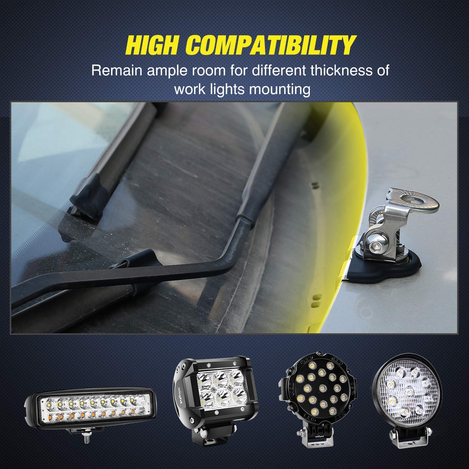 Nilight LED Light Bar Mounting Bracket 2PCS Universal Adjustable Pillar Hood Led Work Light Mount Bracket Clamp Holder for Off Road Truck SUV Installing Without Drilling