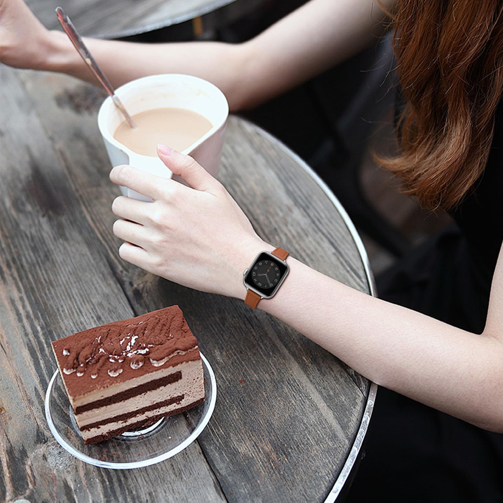 STIROLL Slim Leather Bands Compatible with Apple Watch Band 38mm 40mm 41mm 42mm(Series 10), Top Grain Leather Watch Thin Wristband for iWatch Ultra SE Series 10/9/8/7/6/5/4/3/2/1(Brown with Silver)