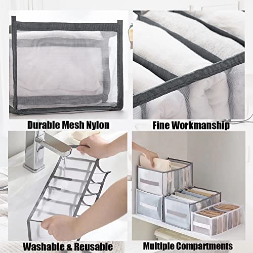 Wardrobe Clothes Organizer, 7 Grid Washable Jeans Drawer Organizer with Compartment Storage Box,Foldable Drawer Closet Clothing Organizer Basket for T-Shirt,Set of 2 (Grey with Handle)