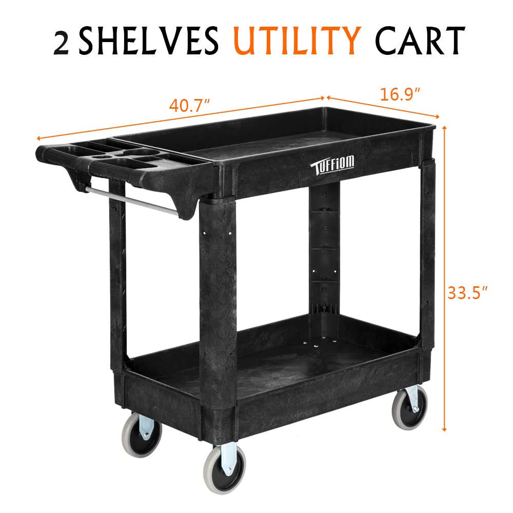 TUFFIOM Plastic Service Utility Cart with Wheels, 550lbs Capacity Heavy Duty Tub Storage Cart W/Deep Shelves, Multipurpose Rolling 2-Tier Mobile Storage Organizer, for Warehouse Garage Industrial