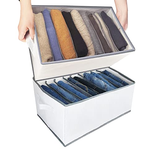 2 Pack Upgraded Utility Jeans Organizer for Closet with Handle, 9 Grids White Washable Clothing Compartment Storage Box, Thicken Fabric Foldable Wardrobe Clothes Organizer Pants Tshirt Sweaters