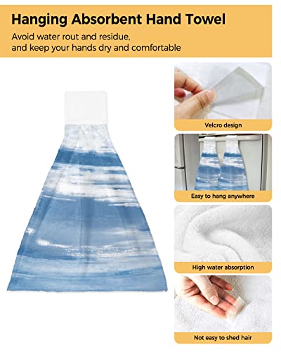 Kitchen Towels with Hanging Loop & Hook Abstract Blue and Gray Texture Soft Absorbent Dish Cloth Bath Hand Tie Towels for Hotel Home Set of 1