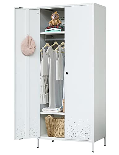 YEEZER Metal Wardrobe, Storage Cabinet with Hanging Rod,Armoire with Magnetic Door and 2 Freely Adjustable Shelves 74" H x 31.5" W x 20" D (White)