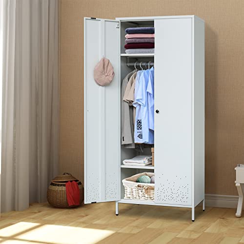 YEEZER Metal Wardrobe, Storage Cabinet with Hanging Rod,Armoire with Magnetic Door and 2 Freely Adjustable Shelves 74" H x 31.5" W x 20" D (White)