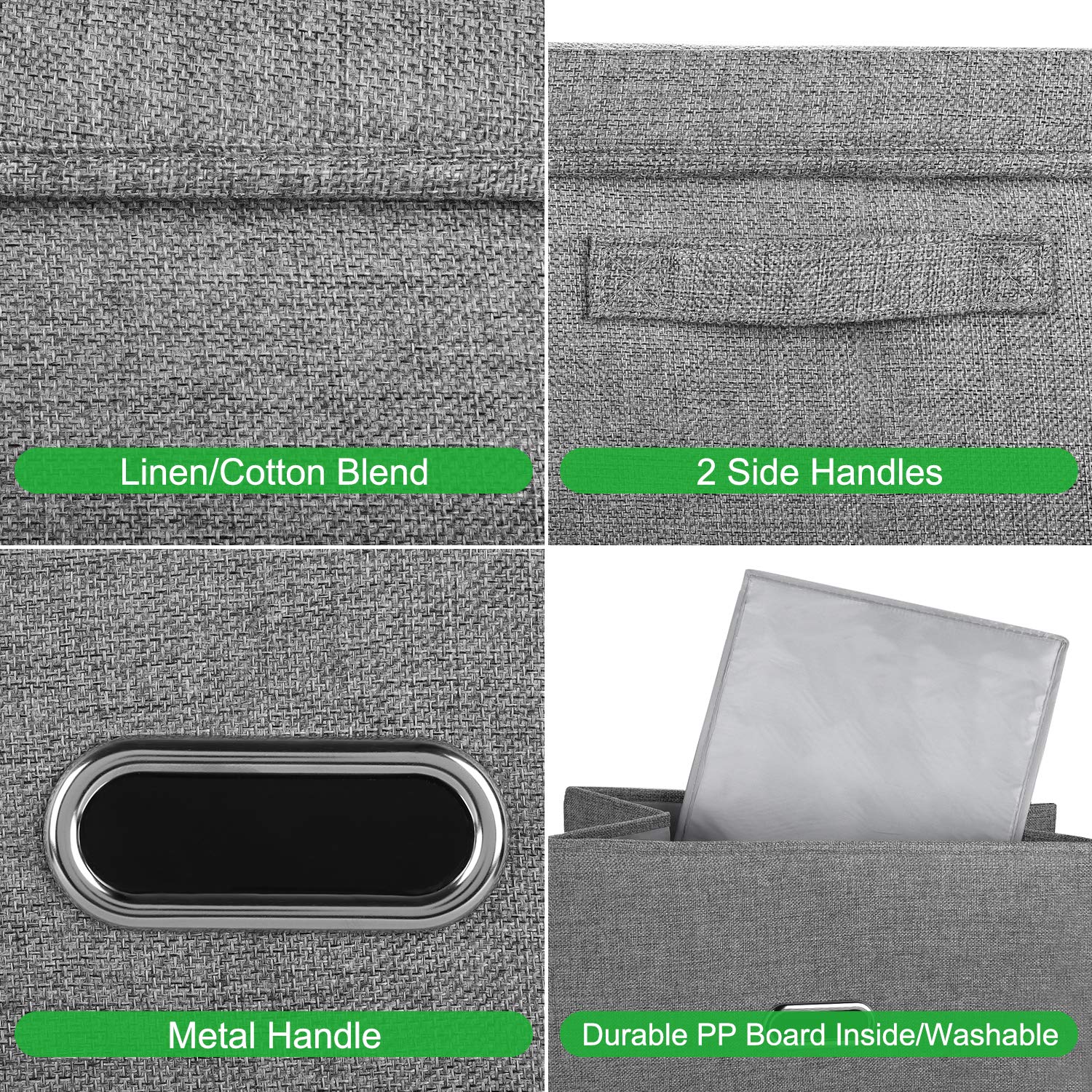 Valease Linen Fabric Collapsible Storage Bins with Removable Lids and Handles, Washable Storage Box Containers Baskets Cube with Cover for Bedroom,Closet,Office,Living Room,Nursery (Grey, Small)