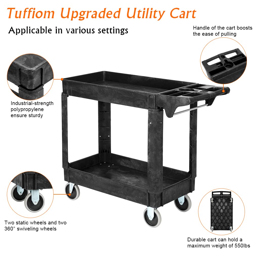 TUFFIOM Plastic Service Utility Cart with Wheels, 550lbs Capacity Heavy Duty Tub Storage Cart W/Deep Shelves, Multipurpose Rolling 2-Tier Mobile Storage Organizer, for Warehouse Garage Industrial