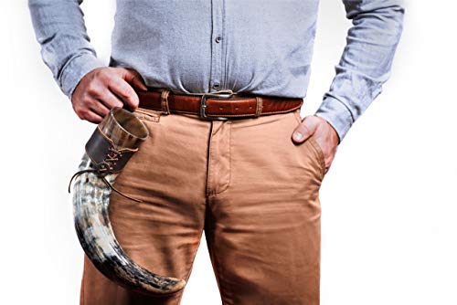 Norse Tradesman 20" Authentic Ox-Horn Viking Drinking Horn with Genuine Black Leather Belt Holster | Burlap Gift Sack Included | The Journeyman, Low-Polish, 20-Inch