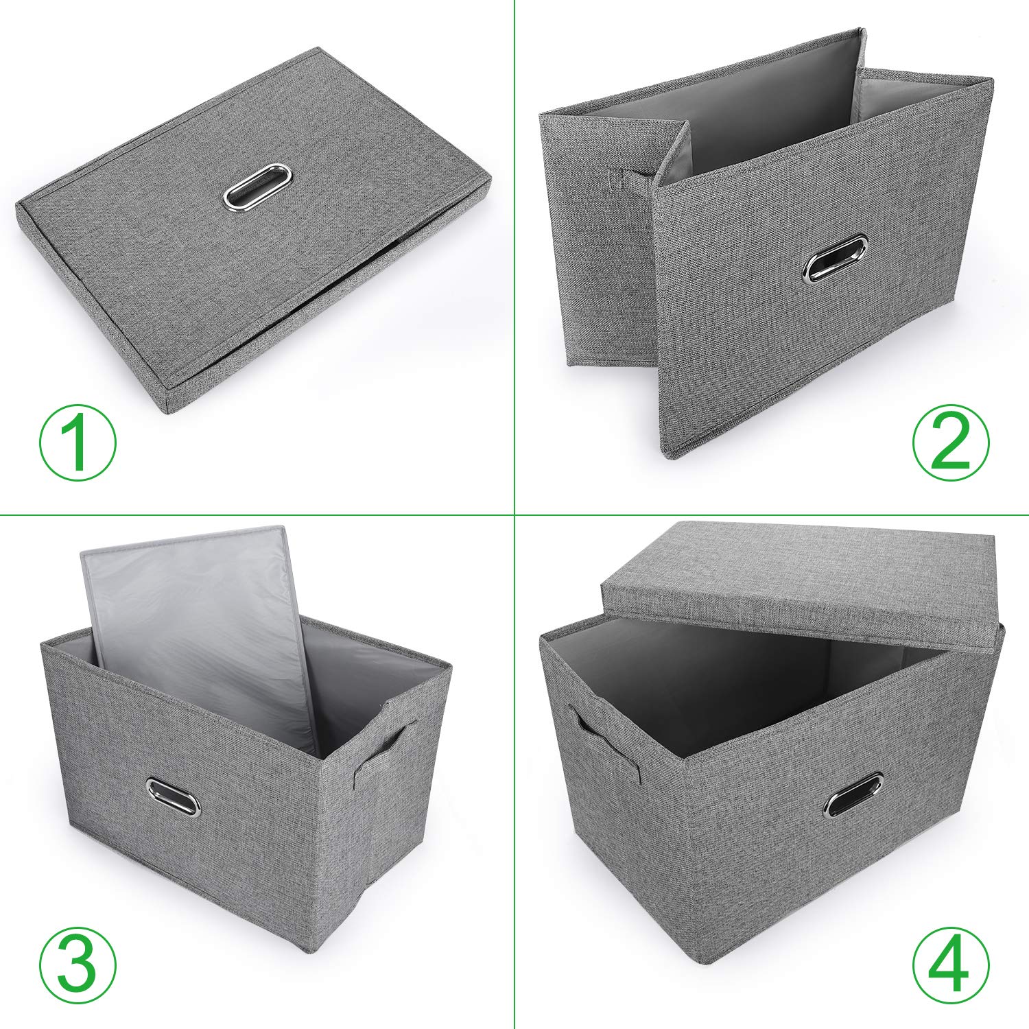 Valease Linen Fabric Collapsible Storage Bins with Removable Lids and Handles, Washable Storage Box Containers Baskets Cube with Cover for Bedroom,Closet,Office,Living Room,Nursery (Grey, Small)