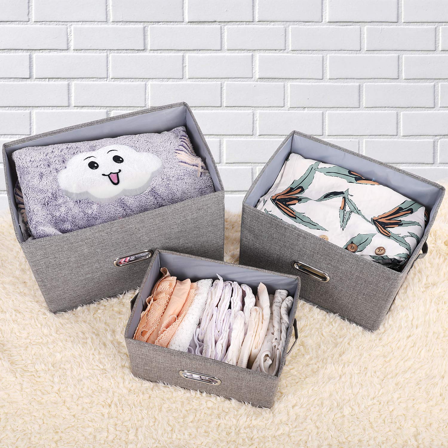 Valease Linen Fabric Collapsible Storage Bins with Removable Lids and Handles, Washable Storage Box Containers Baskets Cube with Cover for Bedroom,Closet,Office,Living Room,Nursery (Grey, Small)