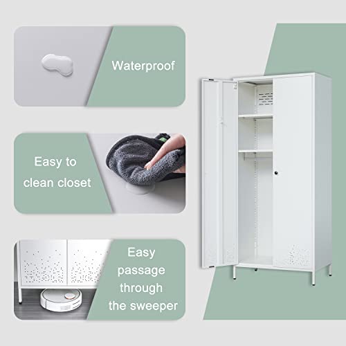 YEEZER Metal Wardrobe, Storage Cabinet with Hanging Rod,Armoire with Magnetic Door and 2 Freely Adjustable Shelves 74" H x 31.5" W x 20" D (White)