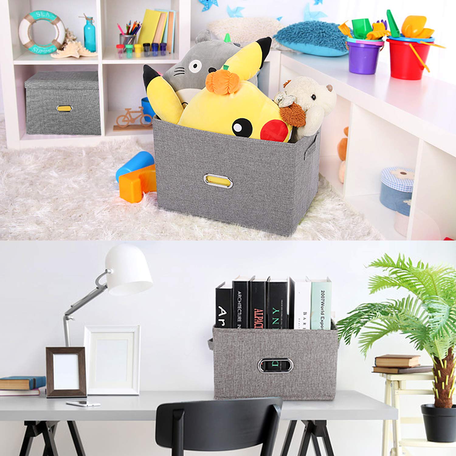 Valease Linen Fabric Collapsible Storage Bins with Removable Lids and Handles, Washable Storage Box Containers Baskets Cube with Cover for Bedroom,Closet,Office,Living Room,Nursery (Grey, Small)