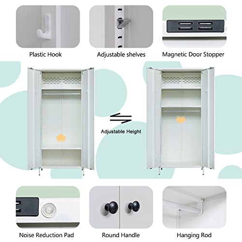 YEEZER Metal Wardrobe, Storage Cabinet with Hanging Rod,Armoire with Magnetic Door and 2 Freely Adjustable Shelves 74" H x 31.5" W x 20" D (White)