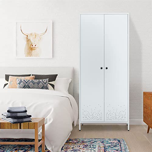 YEEZER Metal Wardrobe, Storage Cabinet with Hanging Rod,Armoire with Magnetic Door and 2 Freely Adjustable Shelves 74" H x 31.5" W x 20" D (White)