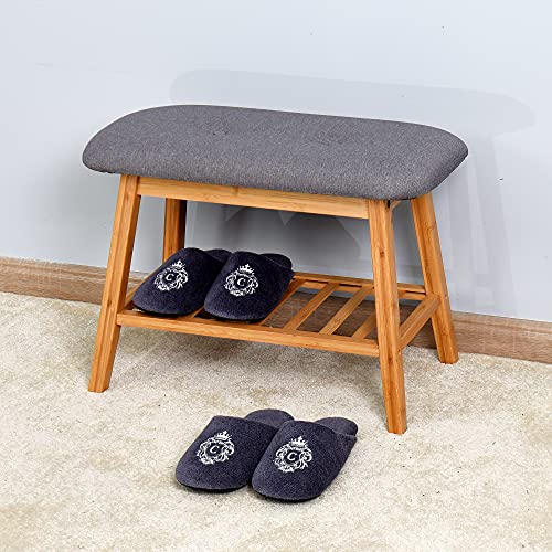 Knocbel 23.6in Bamboo Entryway Cushioned Shoe Bench with Slatted Shelf, 2-Tier Portable Shoes Storage Rack Organizer (Natural)