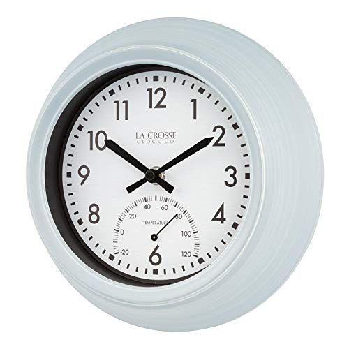 La Crosse Clock T82110 9" Indoor/Outdoor Light Blue Distressed Analog Clock with Thermometer