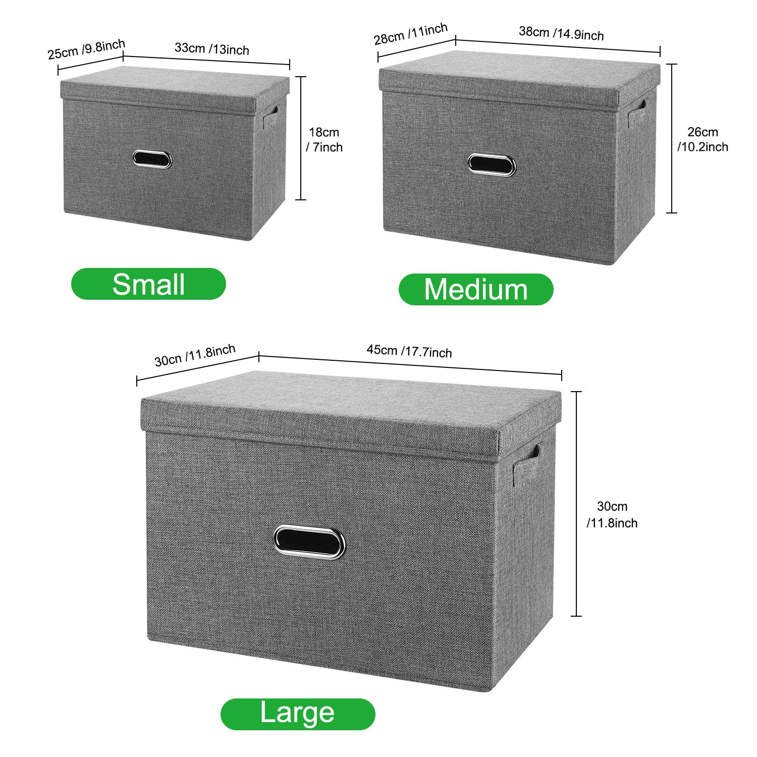 Valease Linen Fabric Collapsible Storage Bins with Removable Lids and Handles, Washable Storage Box Containers Baskets Cube with Cover for Bedroom,Closet,Office,Living Room,Nursery (Grey, Small)