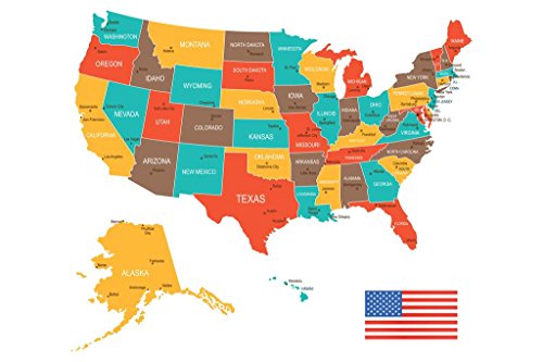 Laminated Colorful Classroom Map Of United States USA With Major Cities State Capitals Multi Colored Elementary School Class Educational Decoration Poster Dry Erase Wall Art 36x24