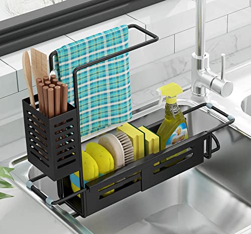 BEENLE 304 Stainless Steel Telescopic Sink Caddy Sponge Holder,Expandable Kitchen Sink Organizer Dish Drainer Rack Sink Tray Brush Soap Holder(14.6''-18.5''), Without Chopstick Holder