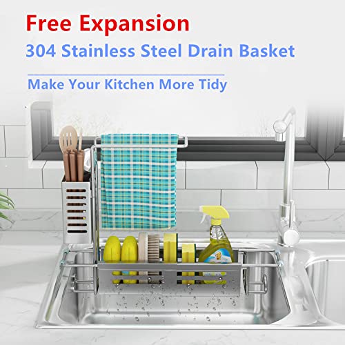 BEENLE 304 Stainless Steel Telescopic Sink Caddy Sponge Holder,Expandable Kitchen Sink Organizer Dish Drainer Rack Sink Tray Brush Soap Holder(14.6''-18.5''), Without Chopstick Holder