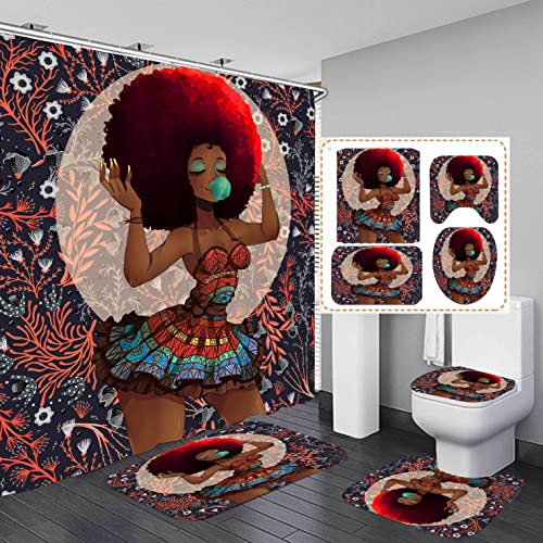 4 Pcs Durable Fabric African American Bathroom Shower Curtain Set,Bathroom Sets with Black Girl Shower Curtain and Rugs,with Toilet Lid Cover and Bath Mat