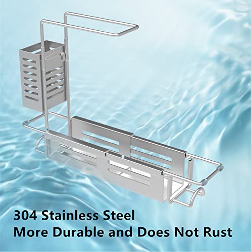 BEENLE 304 Stainless Steel Telescopic Sink Caddy Sponge Holder,Expandable Kitchen Sink Organizer Dish Drainer Rack Sink Tray Brush Soap Holder(14.6''-18.5''), Without Chopstick Holder