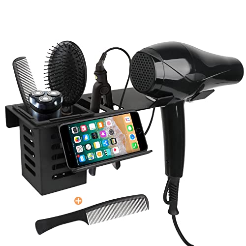 Blow Dryer and Straightener Holder, Yimerlen Hair Holder Wall Mounted Tools Organizer, Bathroom Ultifunctional Straighteners (with Mobile Phone Holder, Black)