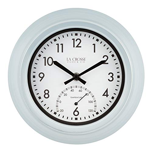 La Crosse Clock T82110 9" Indoor/Outdoor Light Blue Distressed Analog Clock with Thermometer