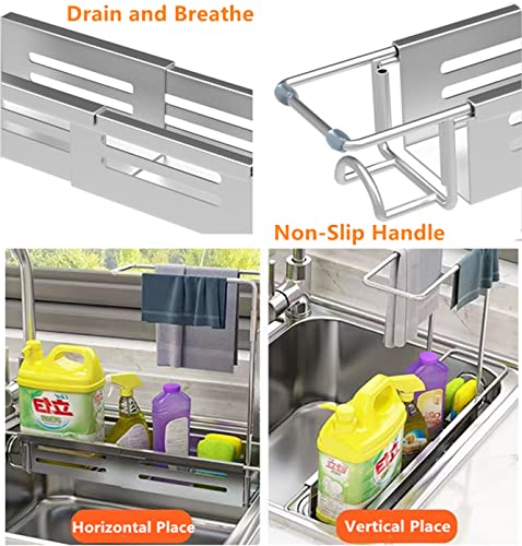 BEENLE 304 Stainless Steel Telescopic Sink Caddy Sponge Holder,Expandable Kitchen Sink Organizer Dish Drainer Rack Sink Tray Brush Soap Holder(14.6''-18.5''), Without Chopstick Holder